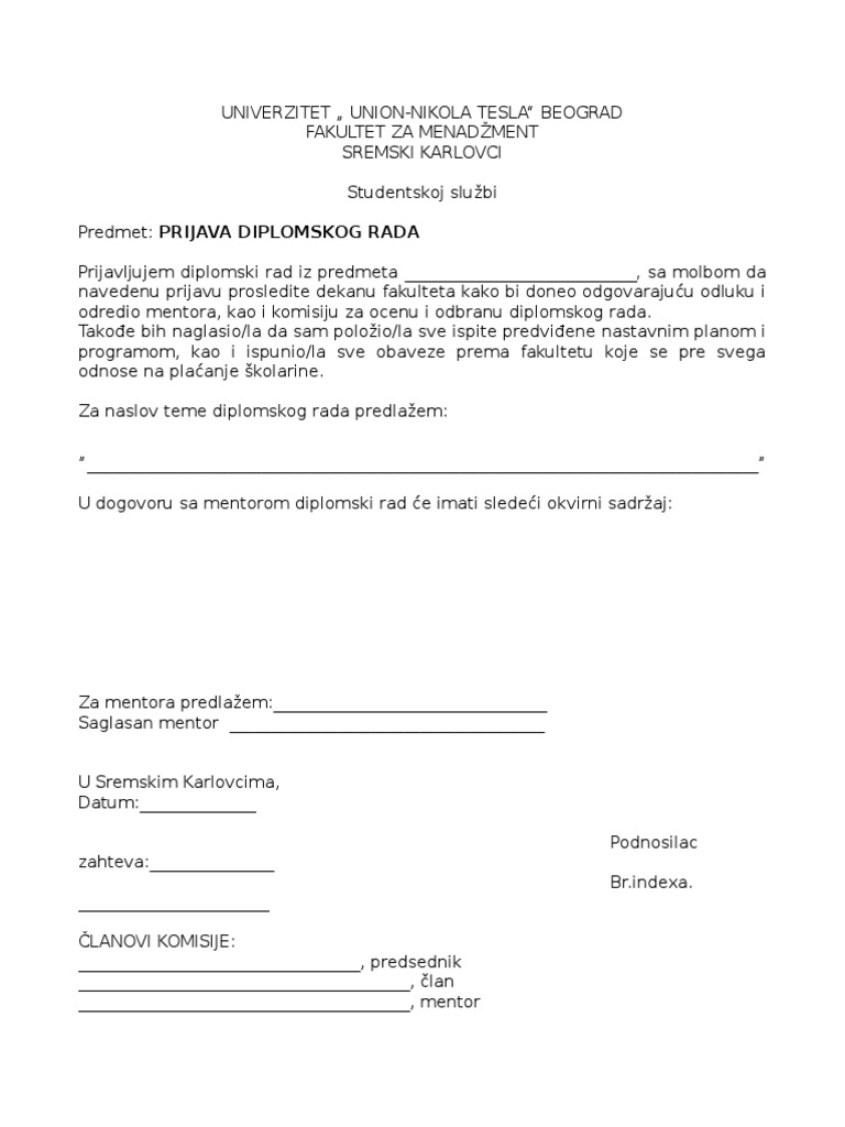 2 - 3 - 3 - Obrazac Za Prijavu Diplomskog Rada V22jan2014 1 | PDF