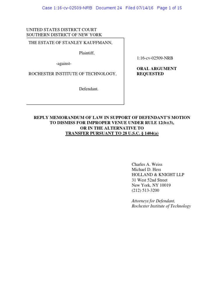 Reply brief I/S/O motion to dismiss for improper venue or transfer in ...