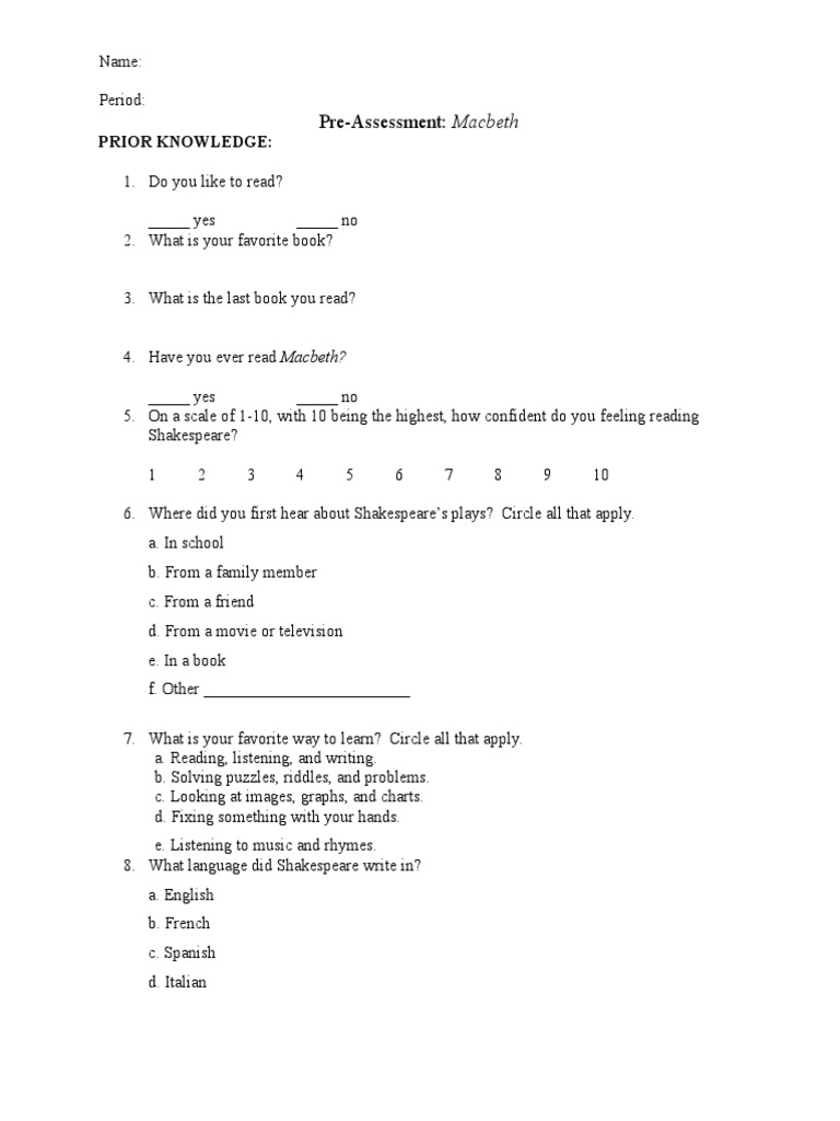 Macbeth Pre Assessment | PDF | Macbeth | William Shakespeare