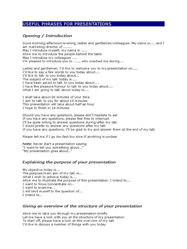 Useful Phrases For Presentations | PDF | Verb | Sentence (Linguistics)