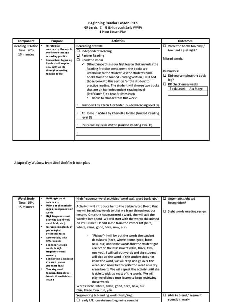 Grade 1 Beginning Reader Lesson Plan | PDF | Reading (Process) | Phonics