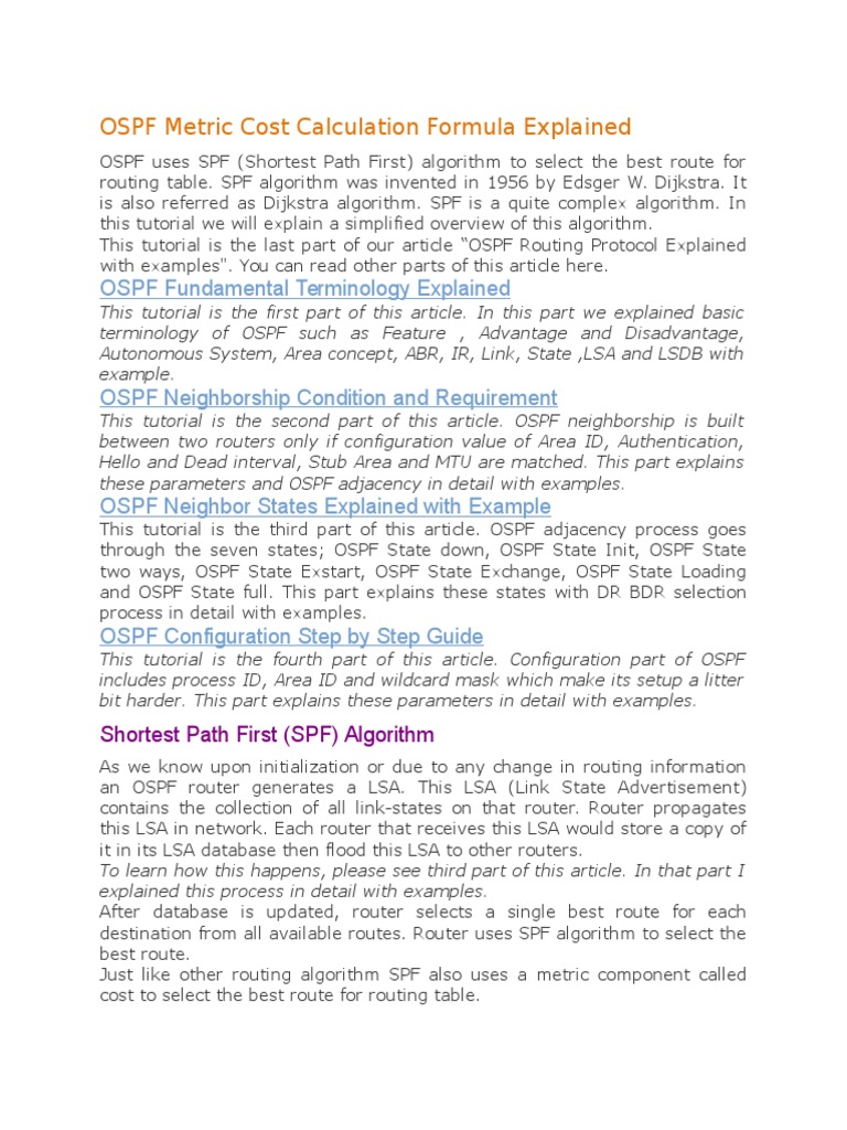 Ospf Metric Cost Calculation Formula Explained Docx Routing Network