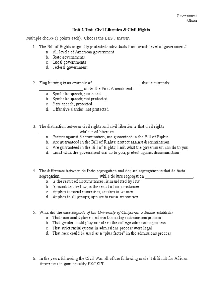 Civil Liberties & Rights Unit Test | PDF | Free Exercise Clause ...