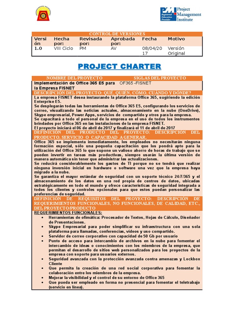 Office 365 - Project Charter | PDF | Plataforma como servicio | Tableta