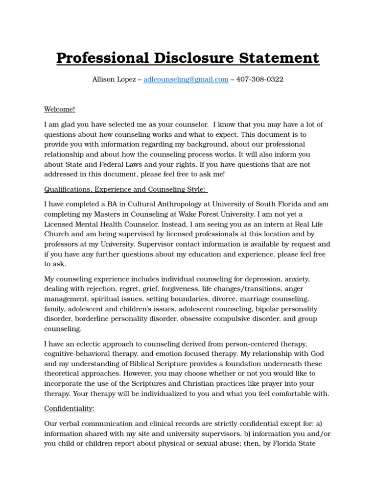 Professional Disclosure | PDF | School Counselor | Psychotherapy