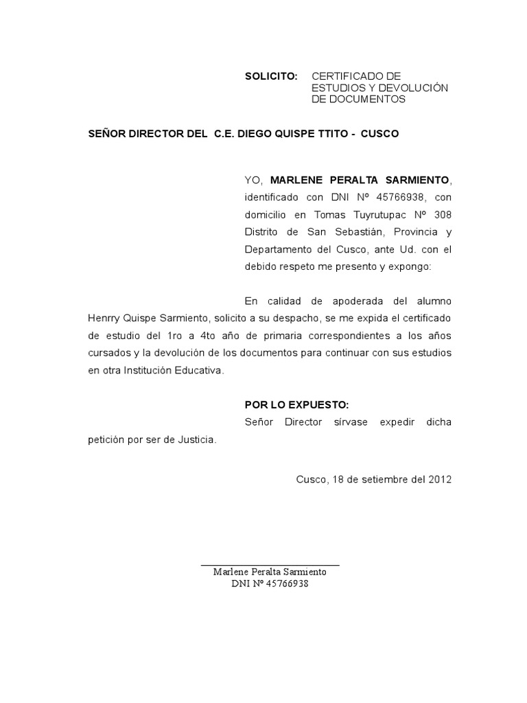 SOLICITO Certificados de Estudios y Devolucion de Documento | PDF
