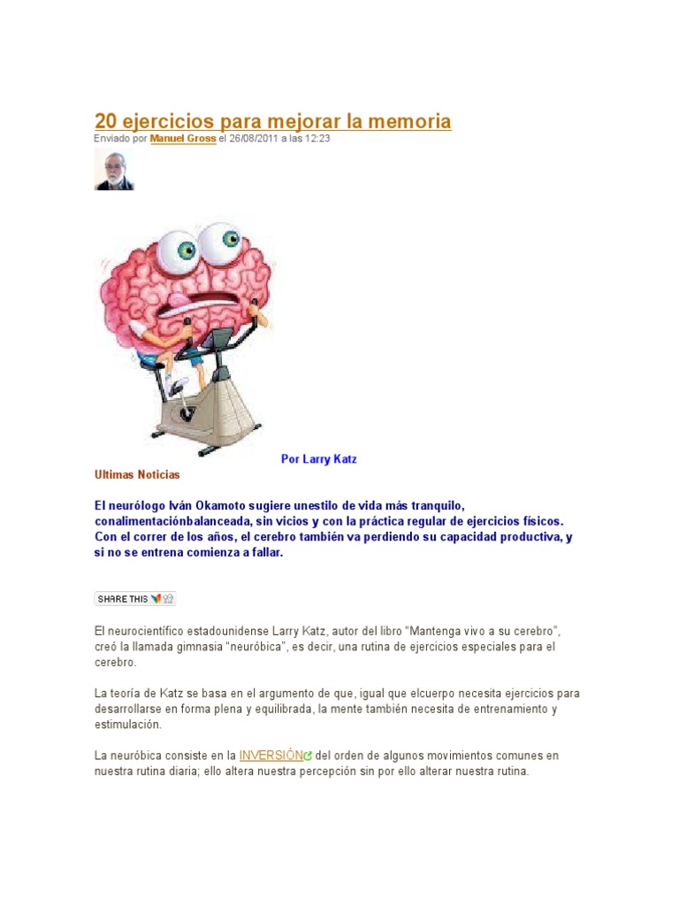 20 Ejercicios Para Mejorar La Memoria Pdf Cerebro Memoria