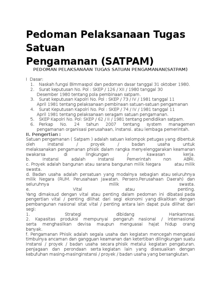 Pedoman Pelaksanaan Tugas Satuan Pengamanan | PDF