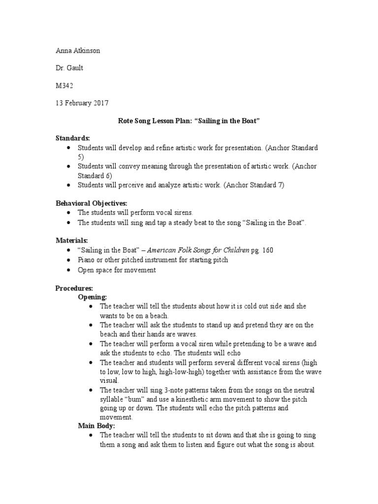 m342 Rote Song Lesson Plan | PDF | Singing | Cognitive Science