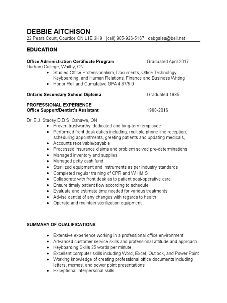 Office Assistant Resume: Debbie Aitchison | PDF
