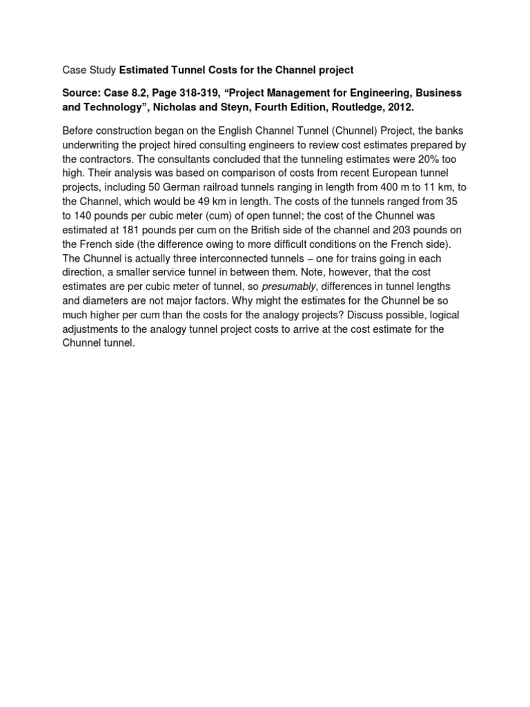Case Study Estimated Tunnel Costs For The Channel Project | PDF