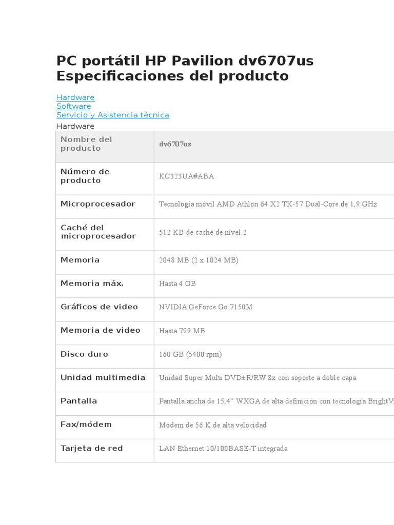 Especificaciones HP Pavilion dv6707us | PDF | Microsoft | Seguro digital