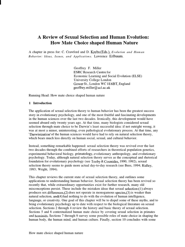 A Review of Sexual Selection and Human Evolution How Mate Choice Shaped ...