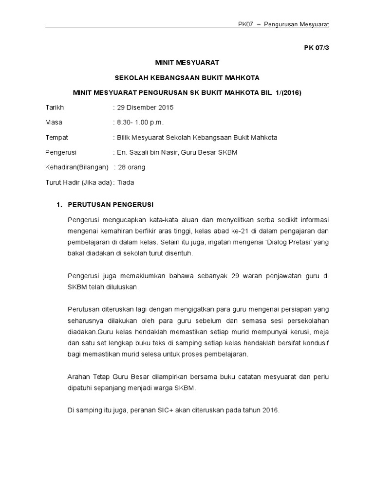 Minit Mesyuarat Pengurusan Sekolah | PDF