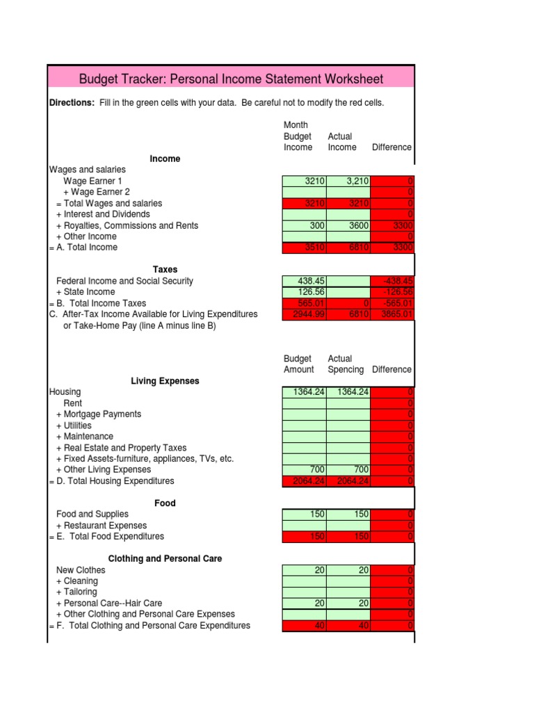 Budget Tracker: Personal Income Statement Worksheet | PDF