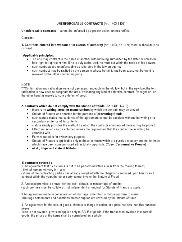 Unenforceable Contracts Under Art. 1403 | PDF | Ratification | Legal ...