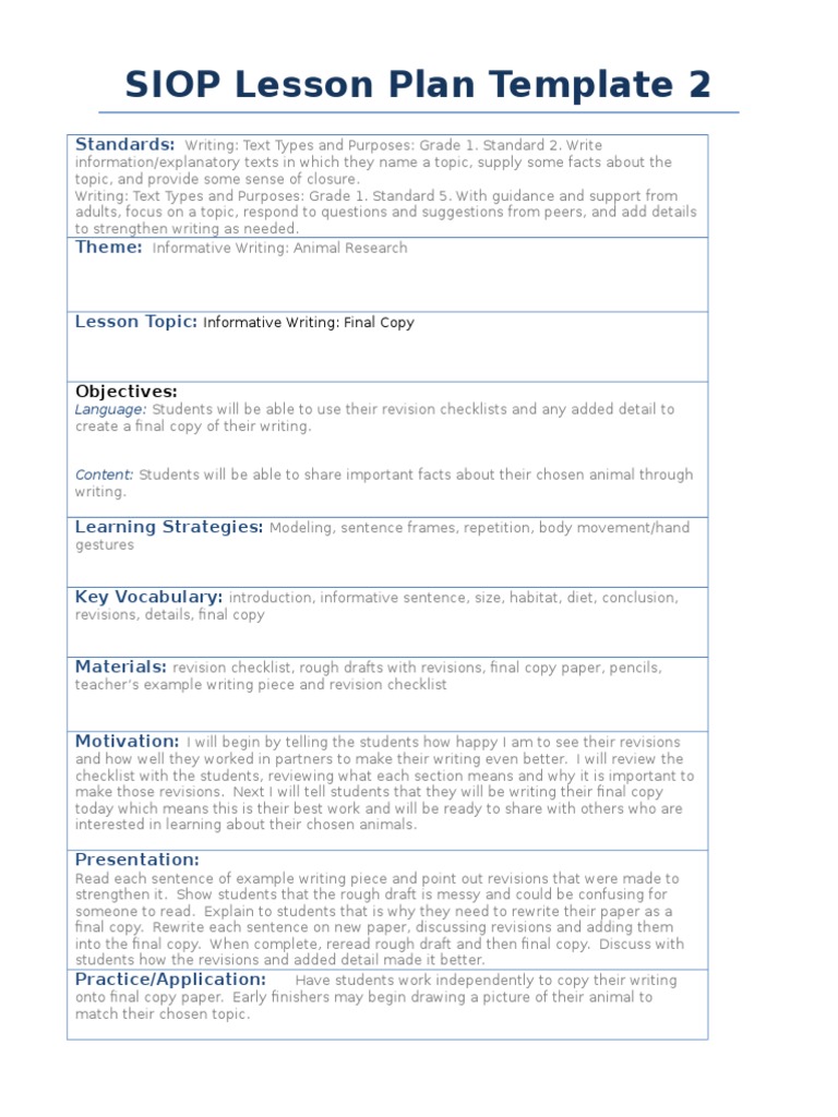 SIOP Lesson Plan Template 2: Standards | PDF | Education Theory | Teaching