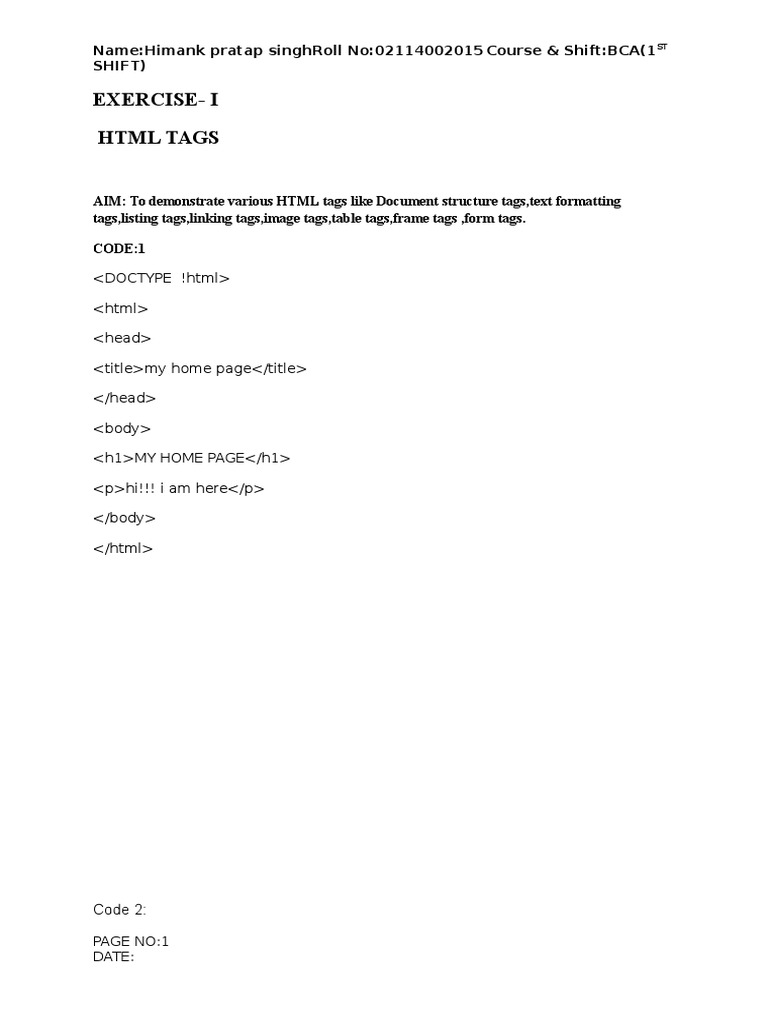 Demonstration of Various HTML Tags Through Code Examples | PDF | Html ...