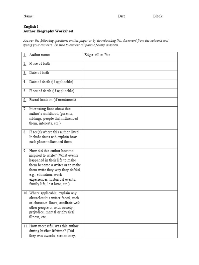 English I - Author Biography Worksheet | PDF | Language Arts & Discipline