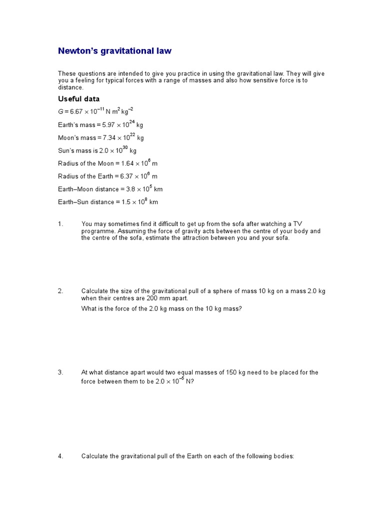 Gravitational Force Practice Problems | PDF | Gravity | Mass