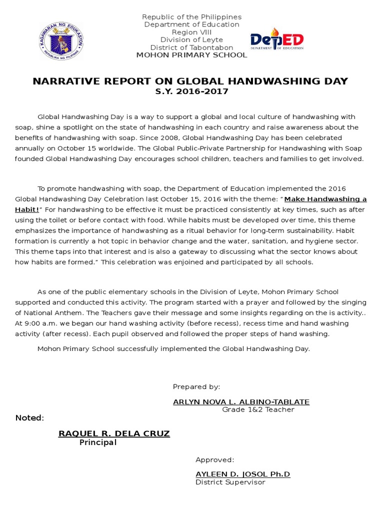 Global Hand Washing Day Narrative Report | PDF | Hand Washing | Sanitation