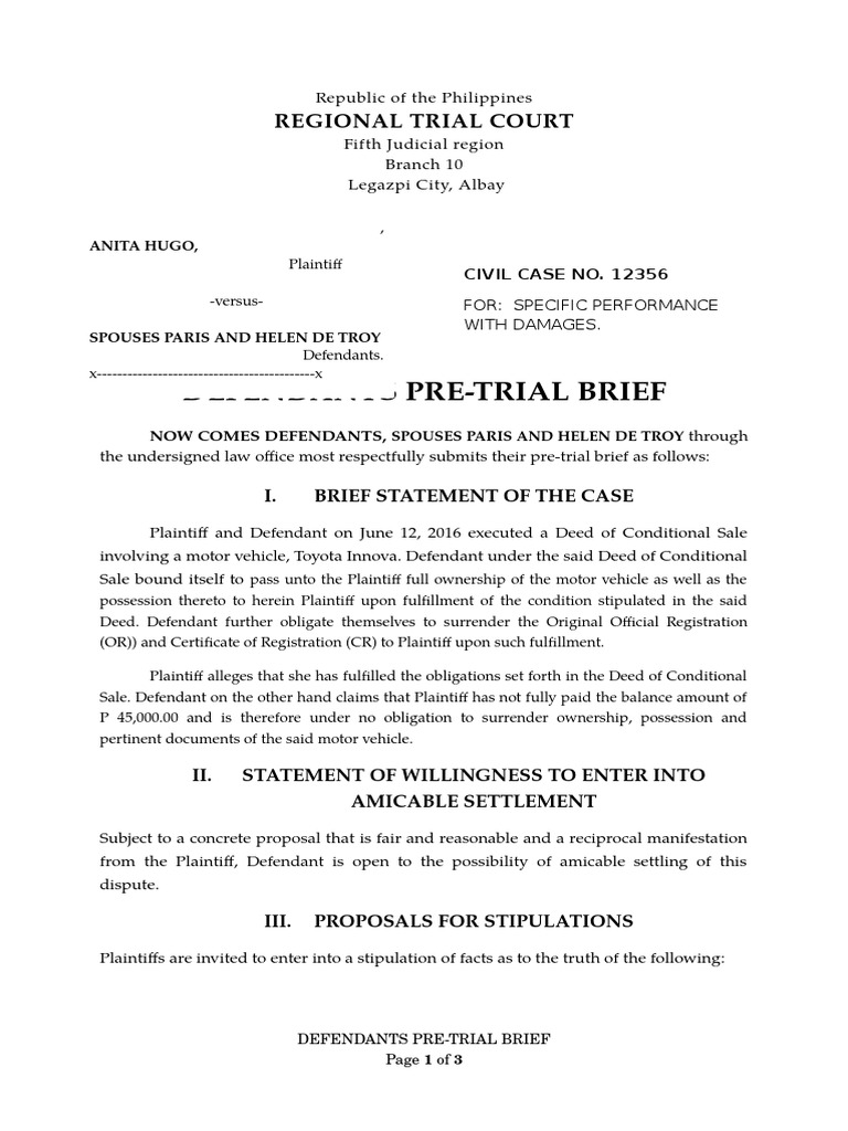 Pre Trial Defendant Draft | PDF | Plaintiff | Lawsuit