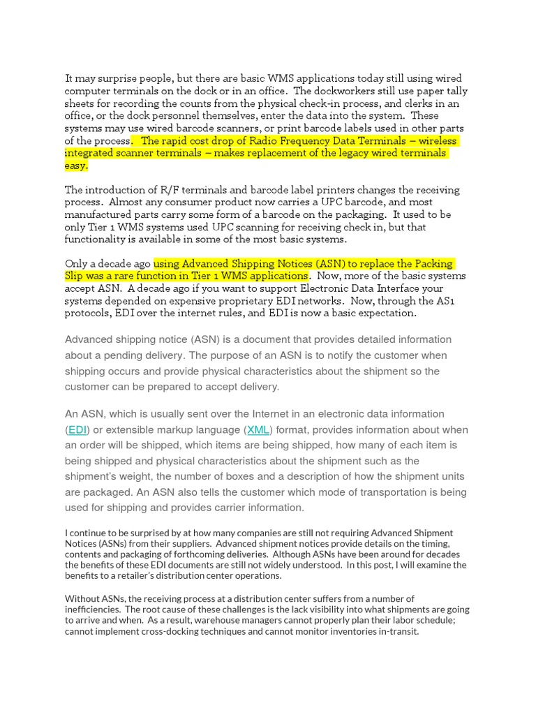 Advanced WMS and ASN Benefits | PDF | Warehouse | Electronic Data ...