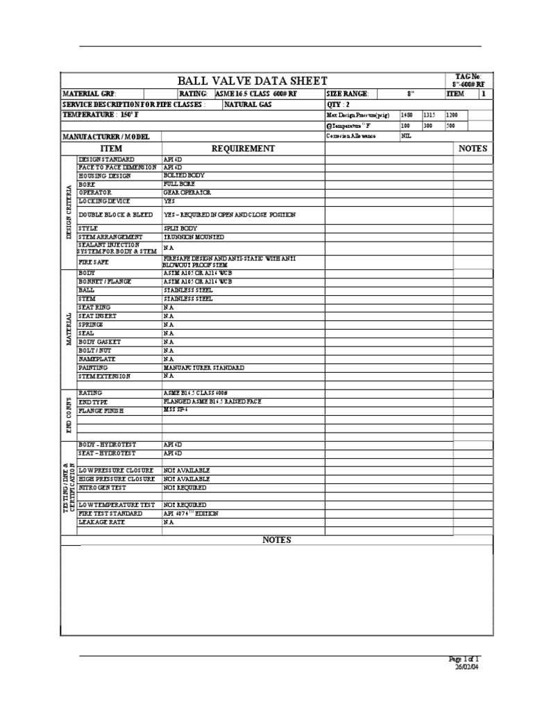 Ball Valve Data Sheet: Item Requirement Notes | PDF | Equipment ...