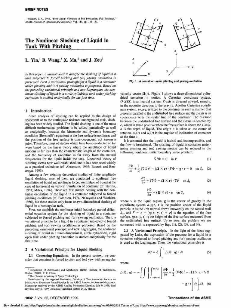 The Nonlinear Sloshing of Liquid in Tank With Pitching | PDF | Flight ...