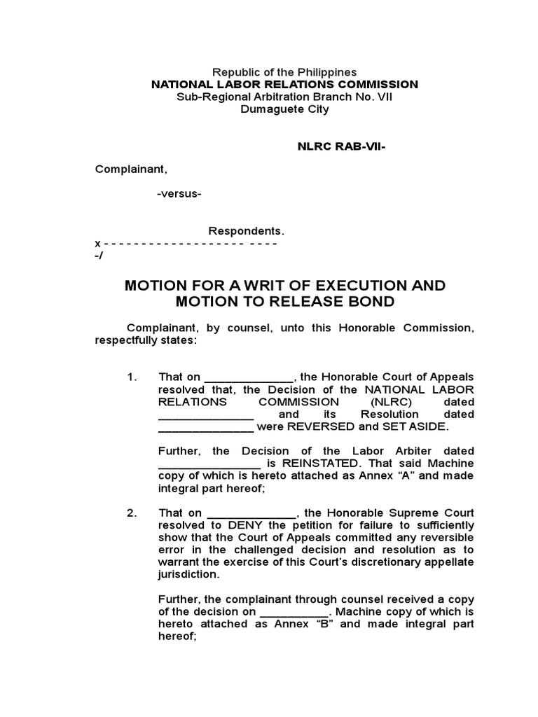 NLRC Motion for Writ of Execution | PDF | Appellate Court | Arbitration
