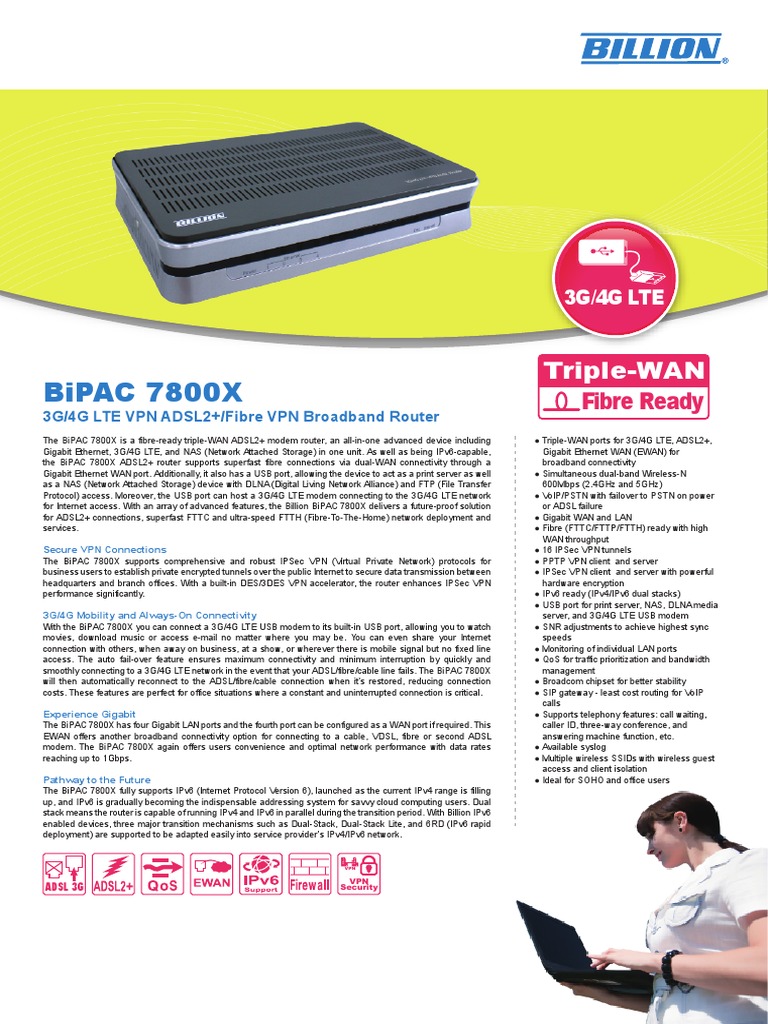 Billion 7800X 3G/4G LTE VPN ADSL2+/Fibre Broadband Router | PDF | I Pv6 | Virtual Private Network