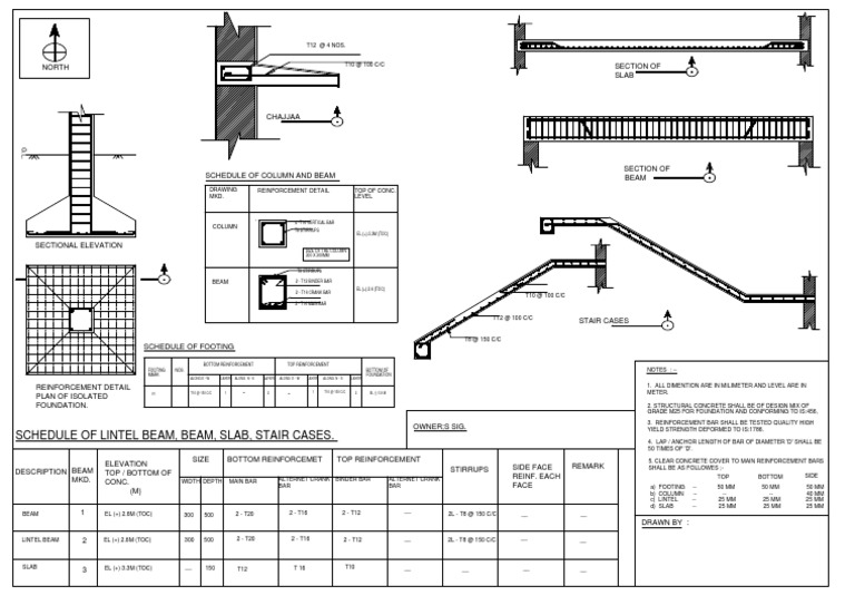 Schedule of Lintel Beam, Beam, Slab, Stair Cases.: 4 - T16 Vertical Bar ...