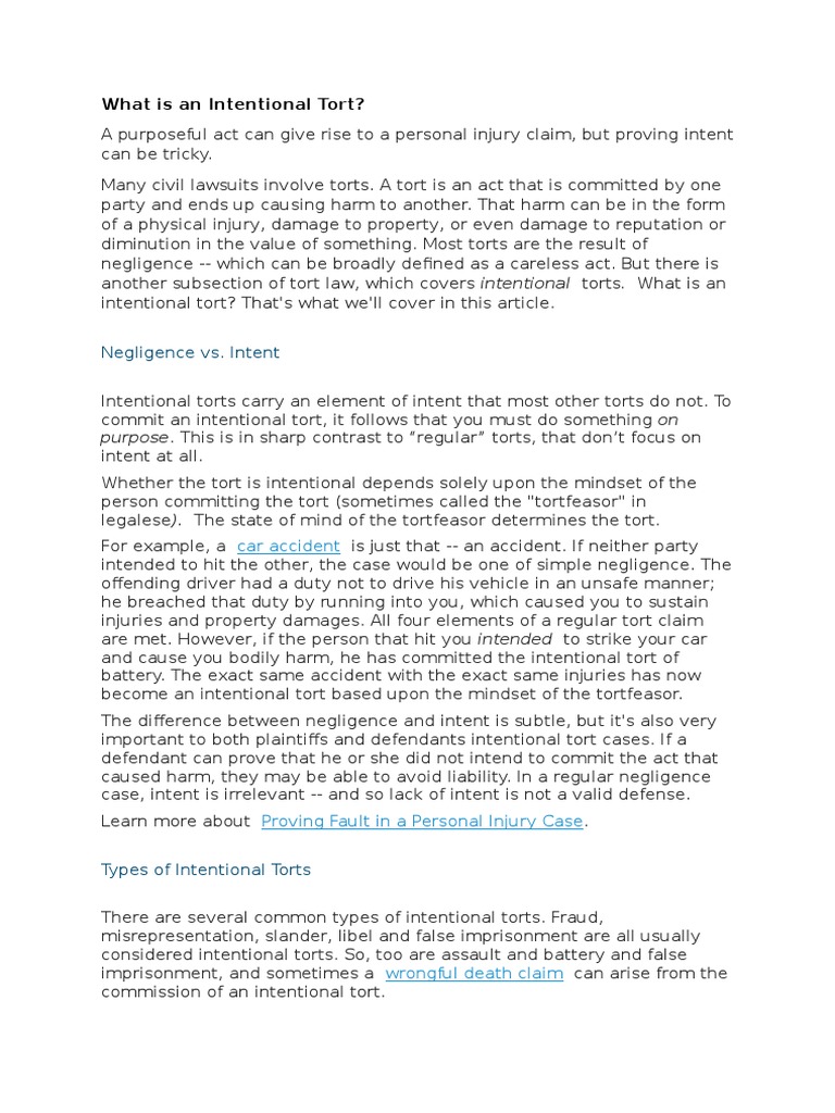 What Is An Intentional Tort?: Negligence vs. Intent | PDF | Tort ...