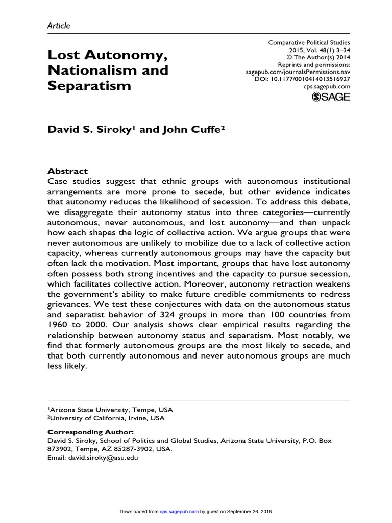 Lost Autonomy, Nationalism and Separatism David S. Siroky and John ...