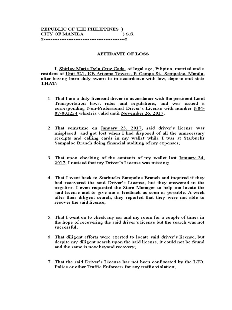 Affidavit of Loss of Driver's License | PDF | Driver's License | Affidavit