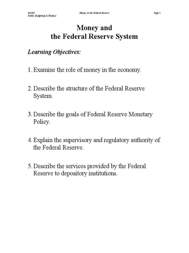Money and The Federal Reserve System: Learning Objectives | Download ...