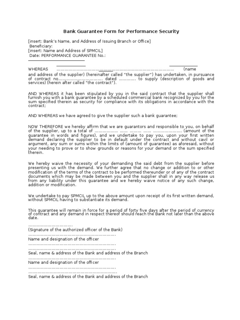 Bank Guarantee Form For Performance Security | PDF
