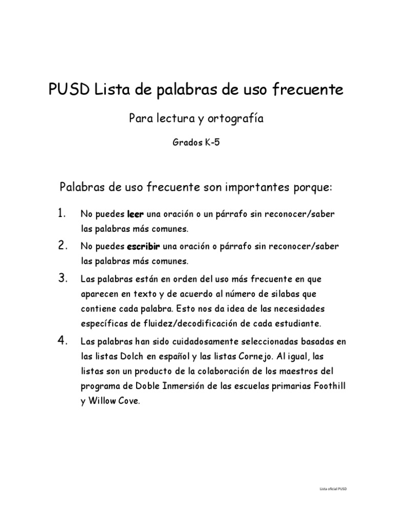 Palabras Frecuentes en Español K-5 | PDF | Palabra | Lengua española