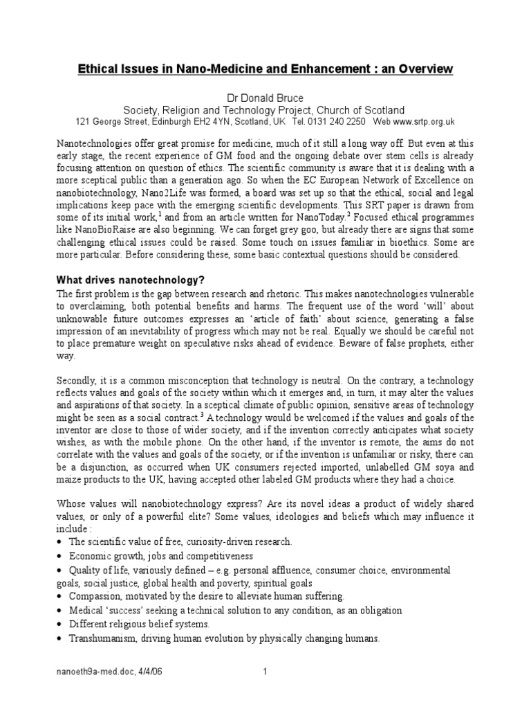 Ethical Issues in Nano-Medicine and Enhancement: An Overview | PDF ...
