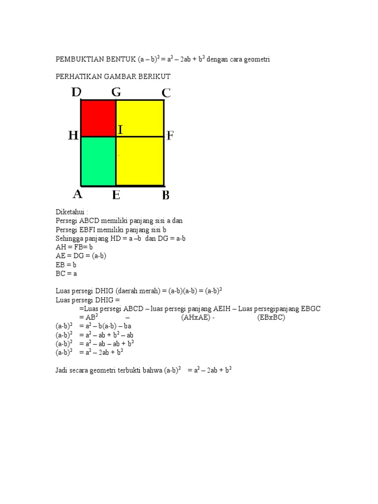 Geometrical Proof of the Formula (a - b)2 = a2 - 2ab + b2 | PDF