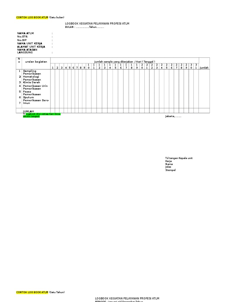Contoh Log Book ATLM Bulanan dan Tahunan | PDF
