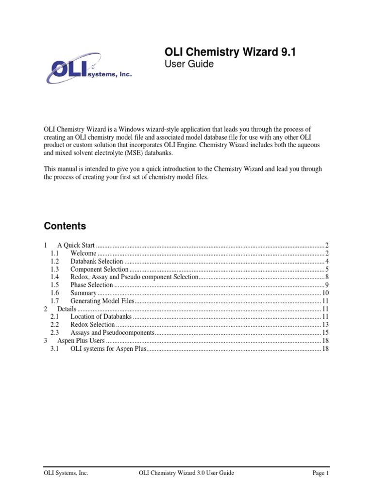 OLI Chemistry Wizard User Guide | PDF | Phase (Matter) | System Software