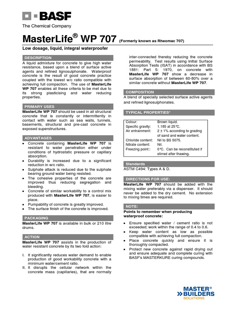 Master Life WP-707 | PDF | Concrete | Cement