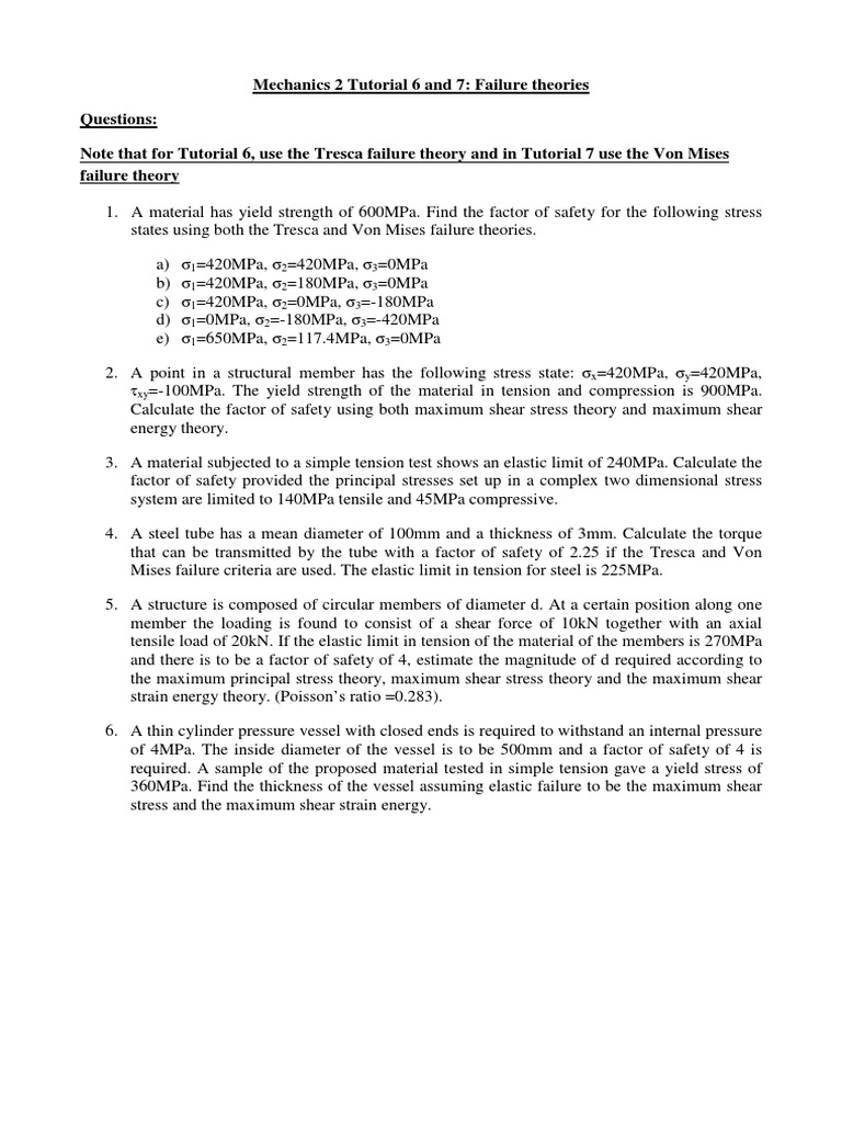 Tutorial 6 and 7 Failure Theories Questions | PDF