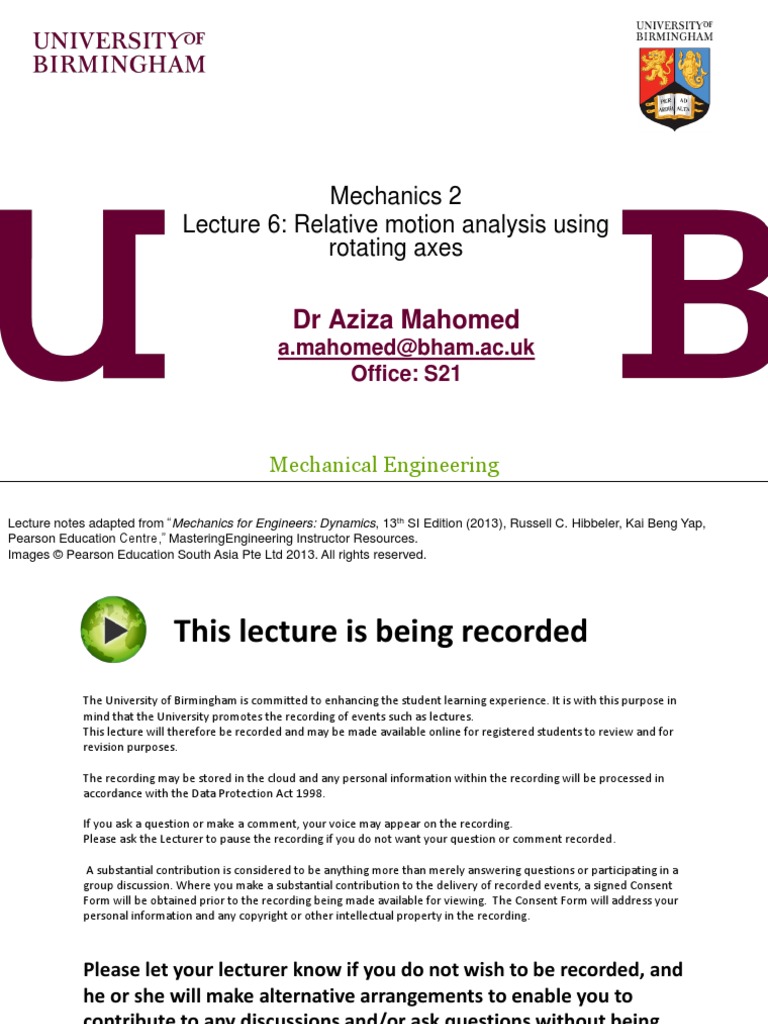 Lecture 6 Relative Motion Analysis Using Rotating Axes V3 Lecture Pdf