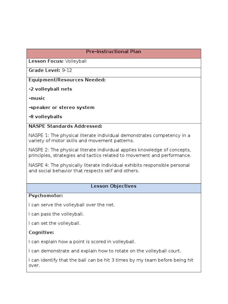 Volleyball Lesson Plan for Grades 9-12 | PDF | Volleyball | Educational ...