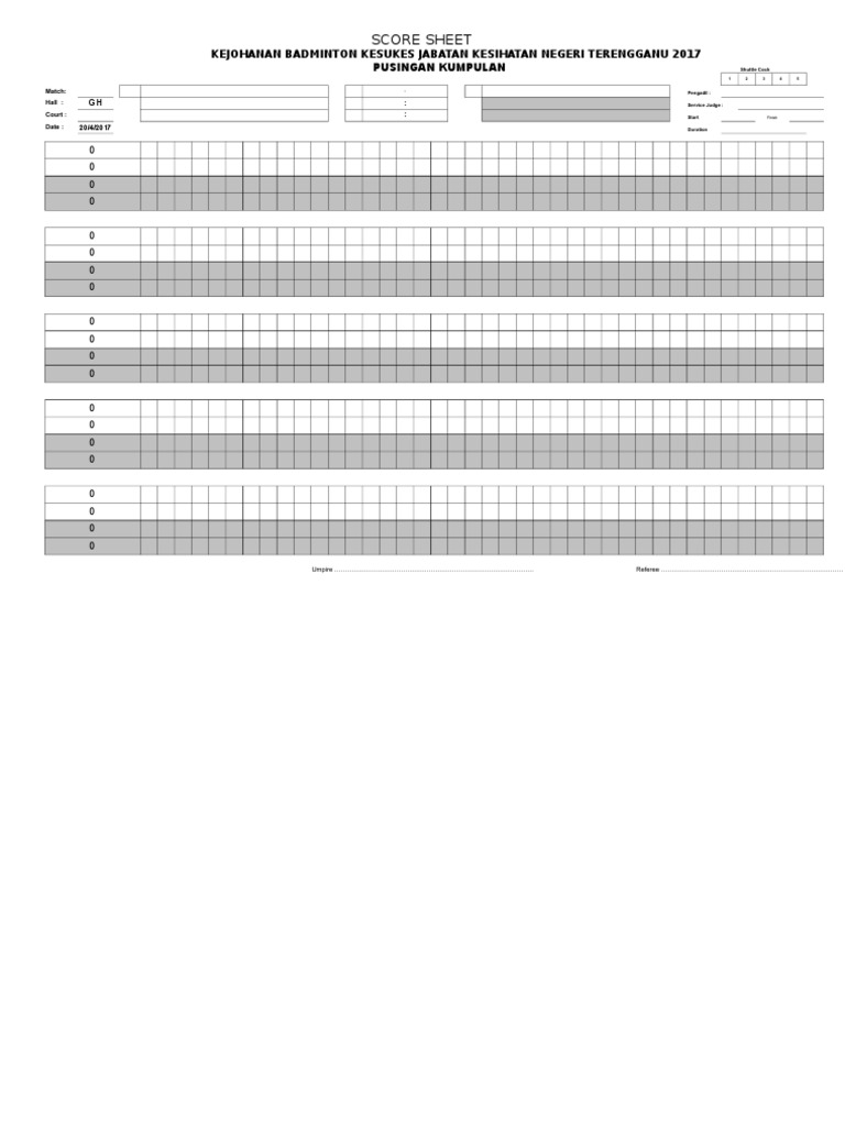 Score Sheet Kejohanan Badminton Kesukes Jabatan Kesihatan Negeri
