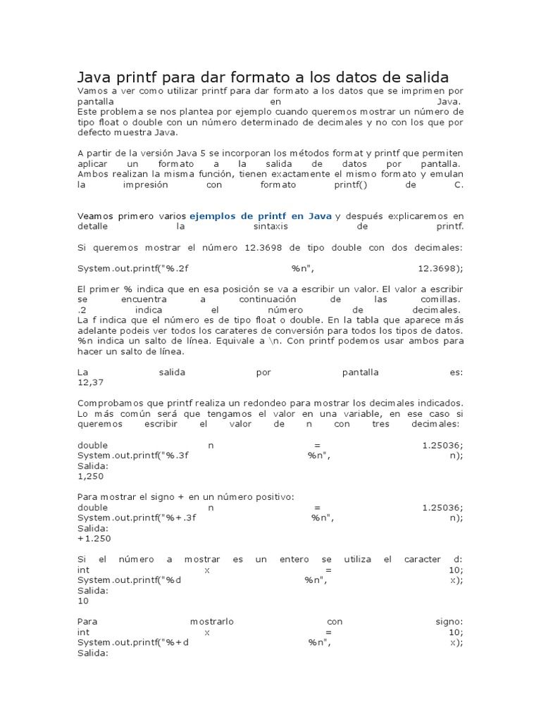 Java Printf para Dar Formato A Los Datos de Salida | PDF | Java ...