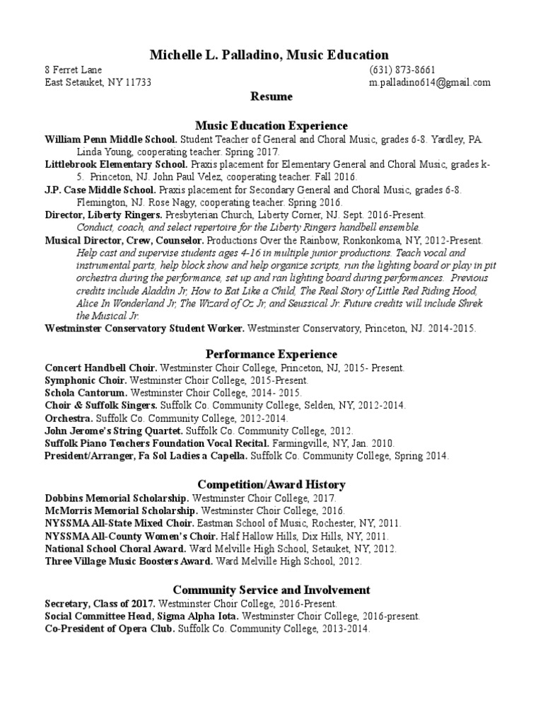Michelle Palladino Music Resume | PDF | Choir | Performing Arts