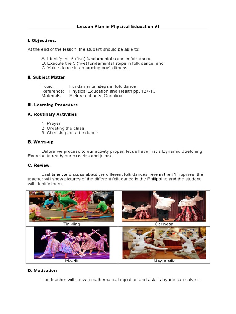 Lesson Plan in Physical Education VI for Monday